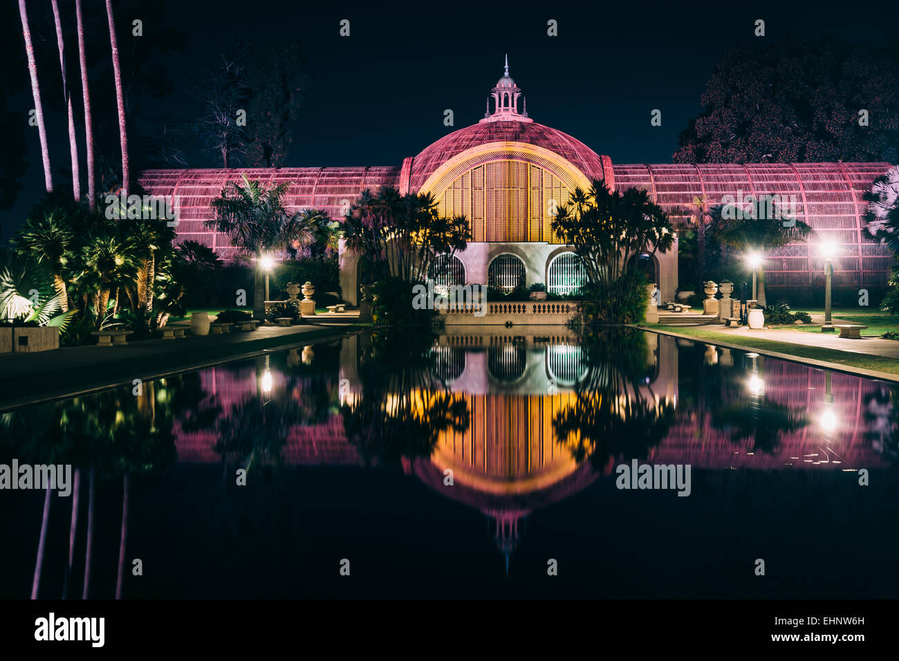 The Botanical Building reflecting in the Lily Pond at night, in Balboa ...