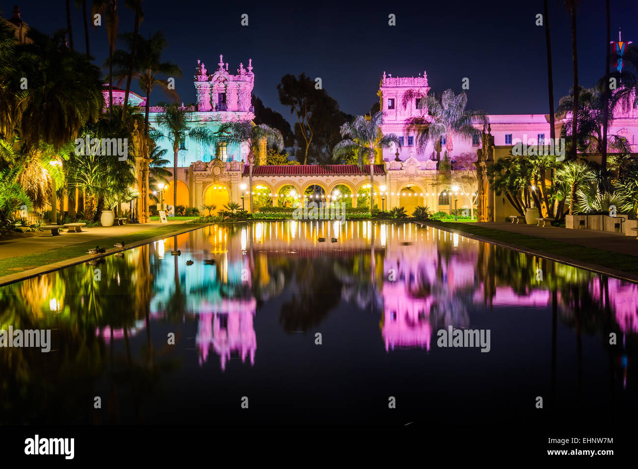 The Lily Pond and Prado Restaurant at night, in Balboa Park, San Diego ...