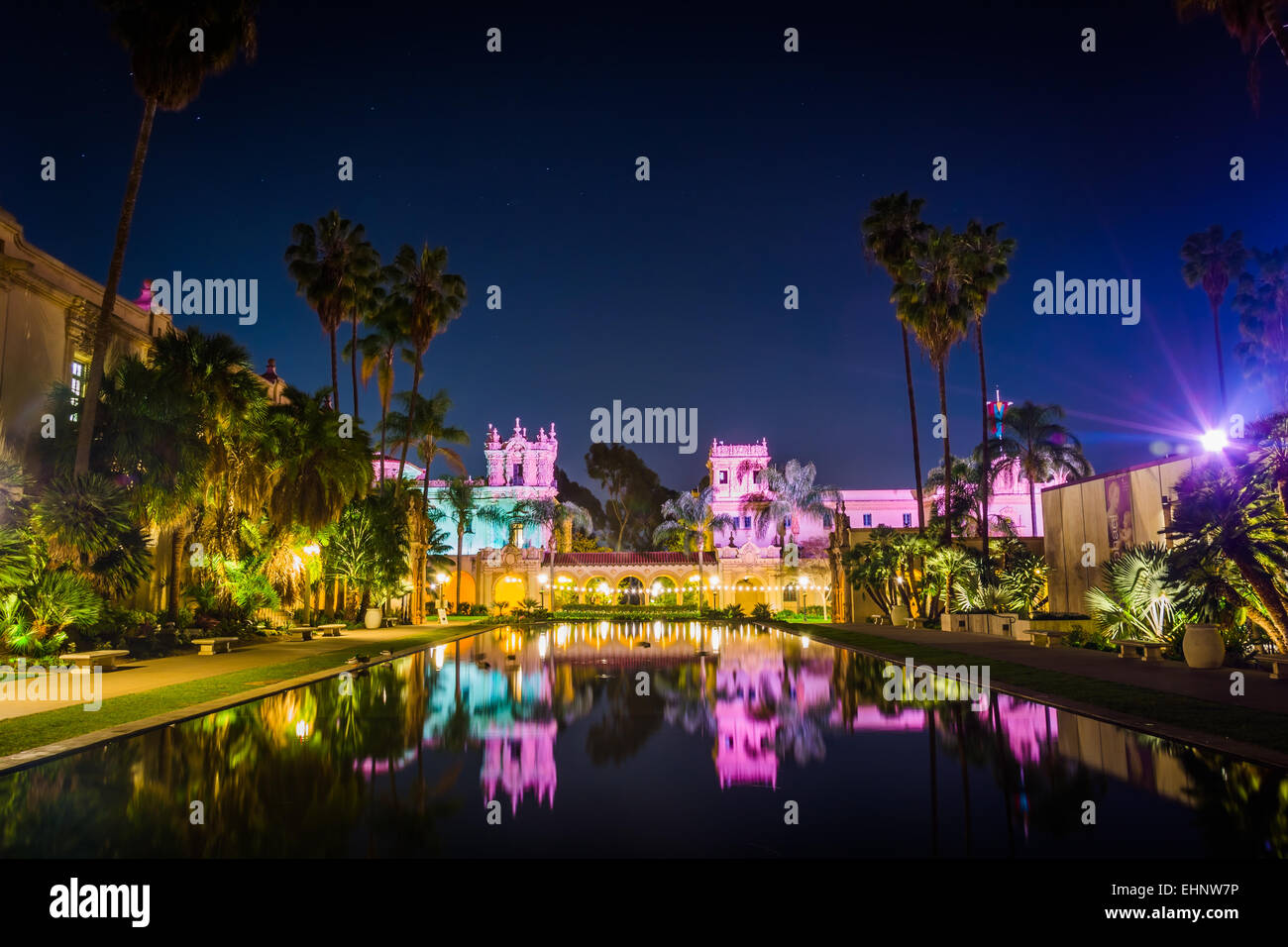The Lily Pond and Prado Restaurant at night, in Balboa Park, San Diego ...