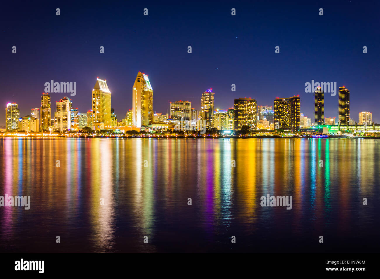 The San Diego skyline at night, seen from Centennial Park, in Coronado ...