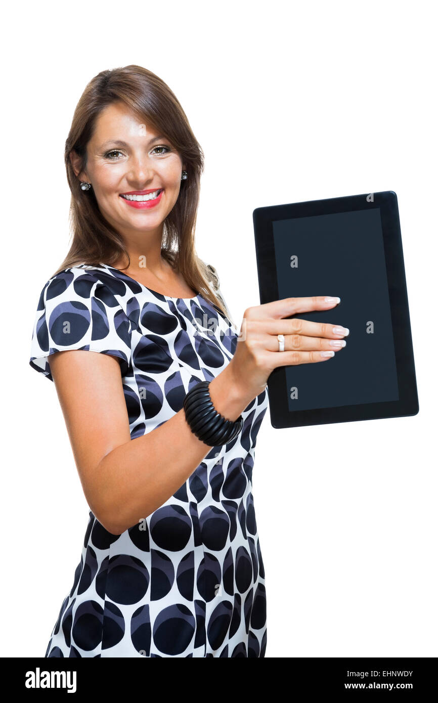 Close up Pretty Young Woman Browsing at her Black Tablet Computer ...