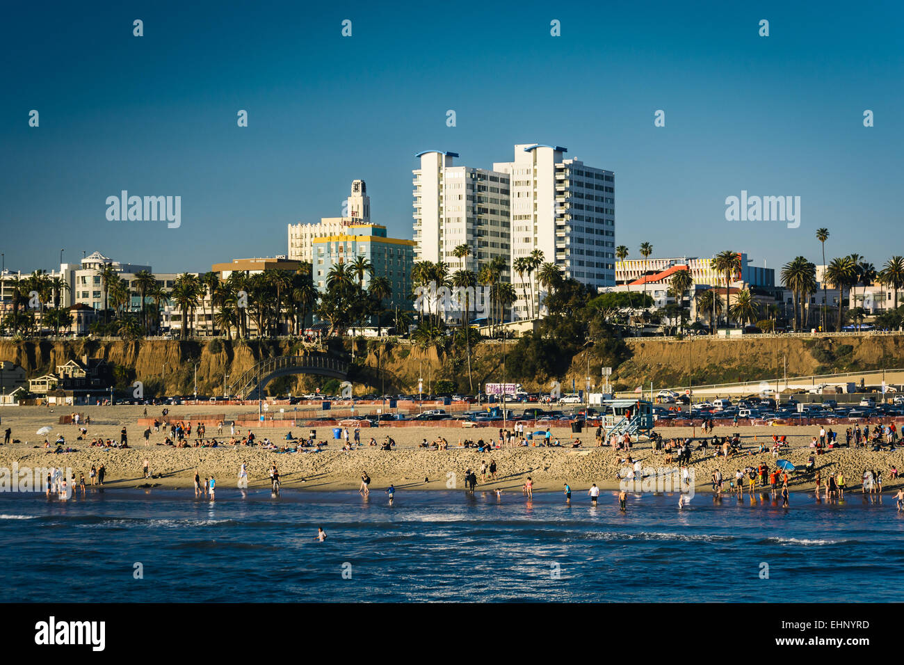 View of buildings and the beach, in Santa Monica, California Stock ...