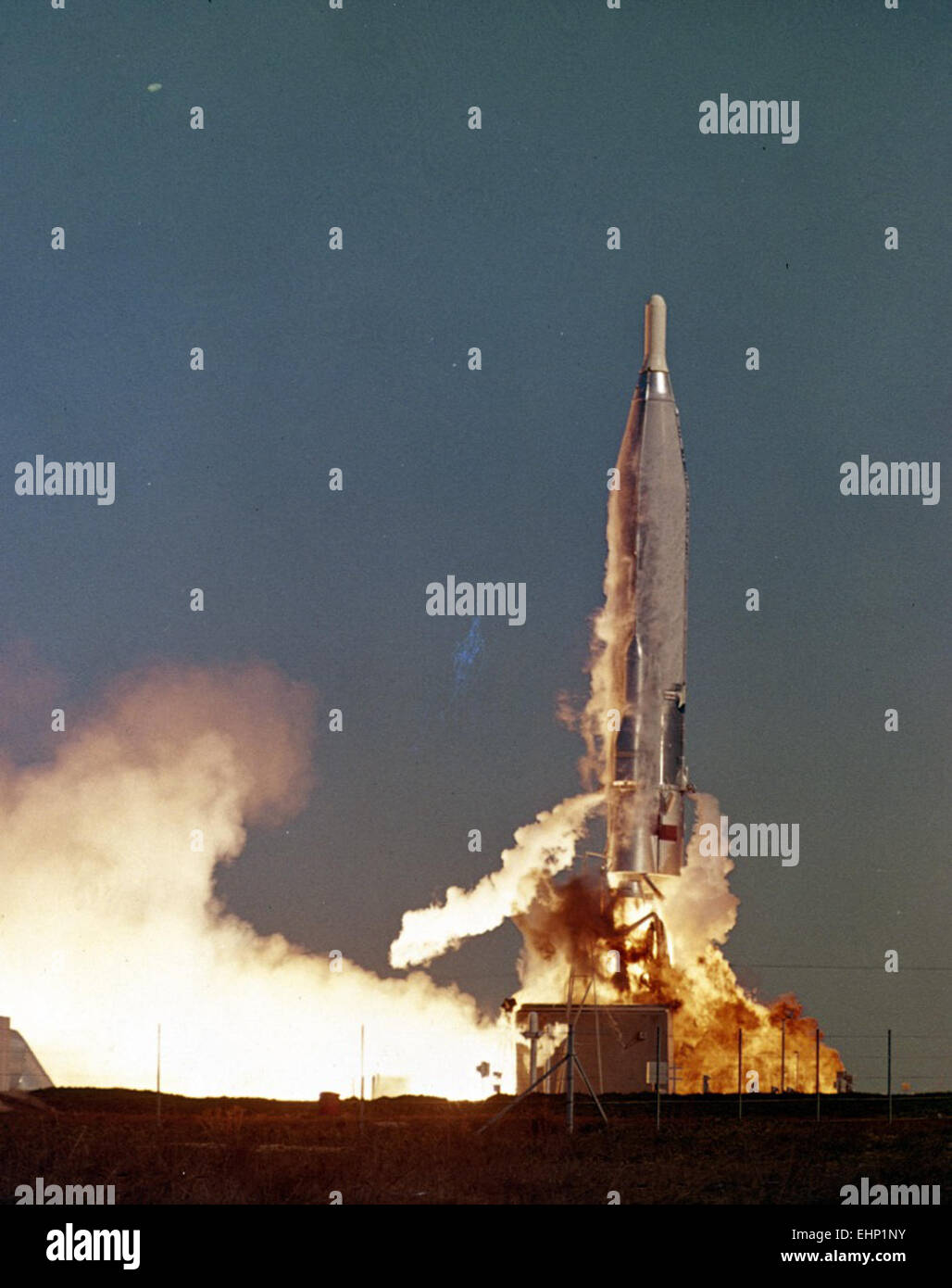 The Atlas 106F rocket launching from its launch pad during a mission ...