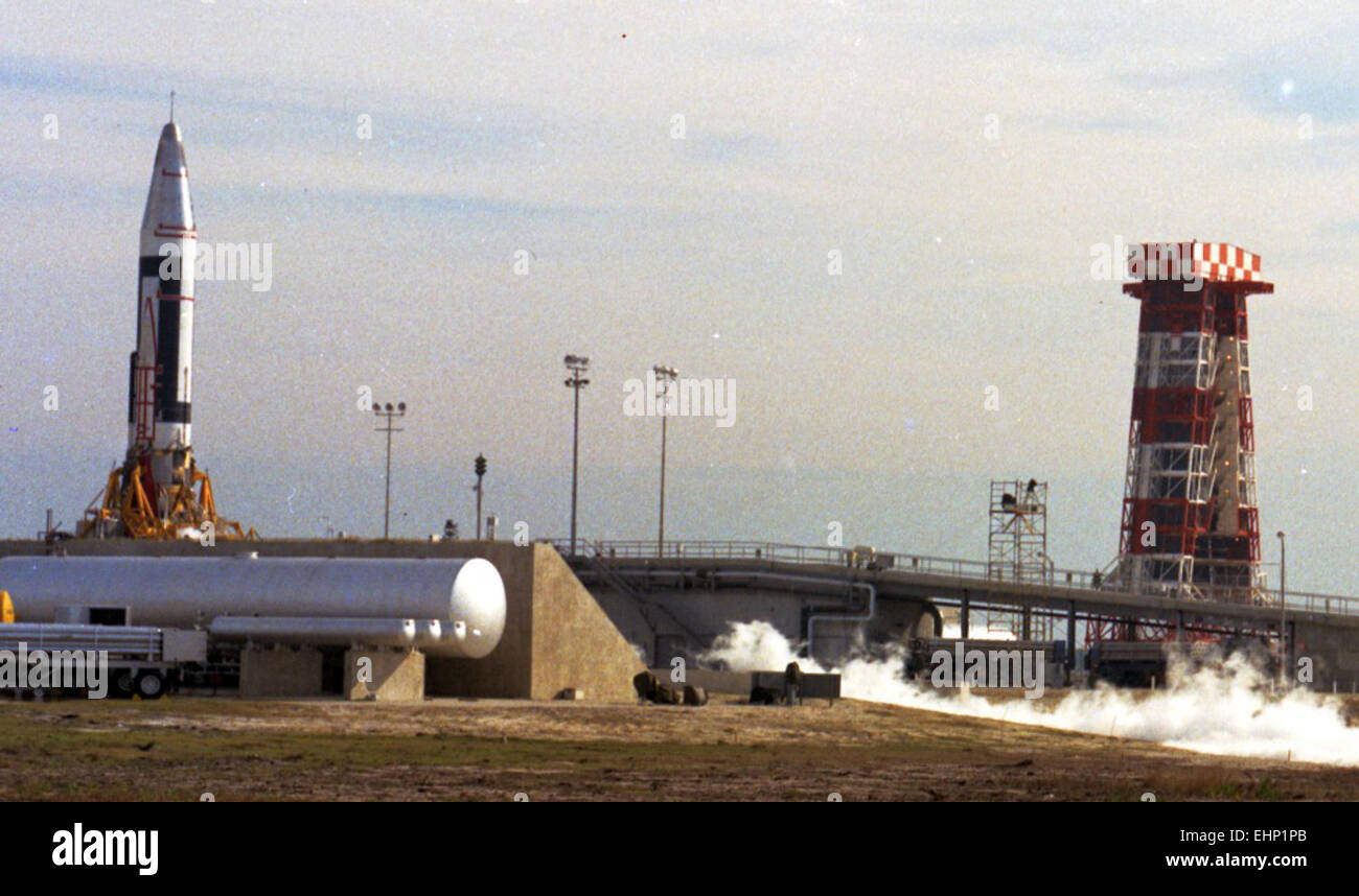 A detailed photograph showing the Atlas 10A rocket on its launch pad ...