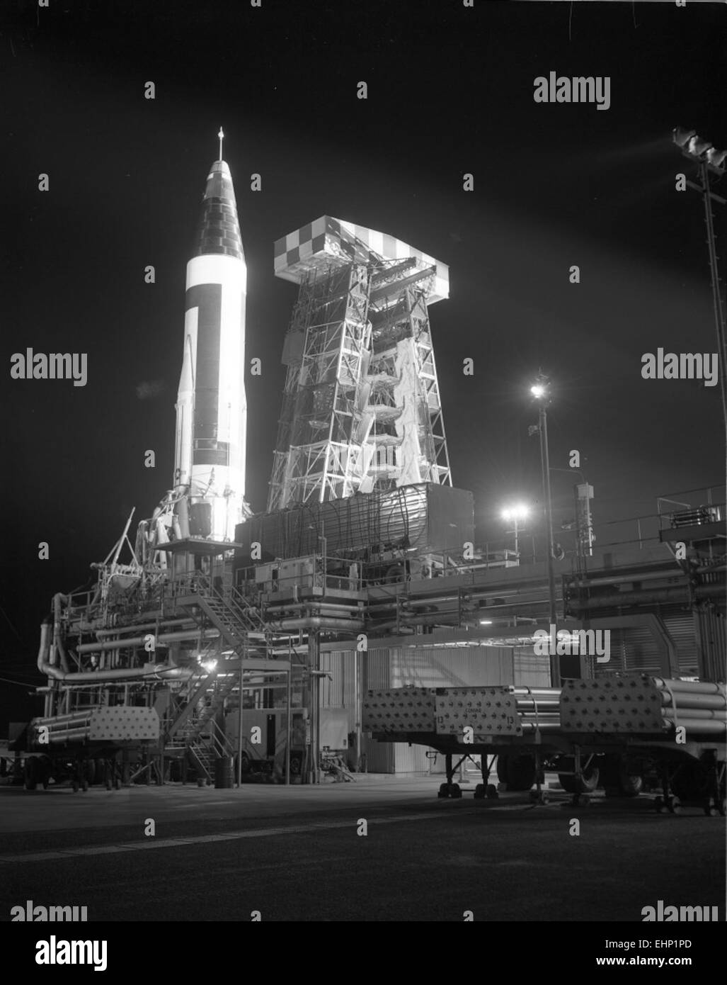The Atlas 10A rocket is shown on the launch pad at Launch Complex 12 ...