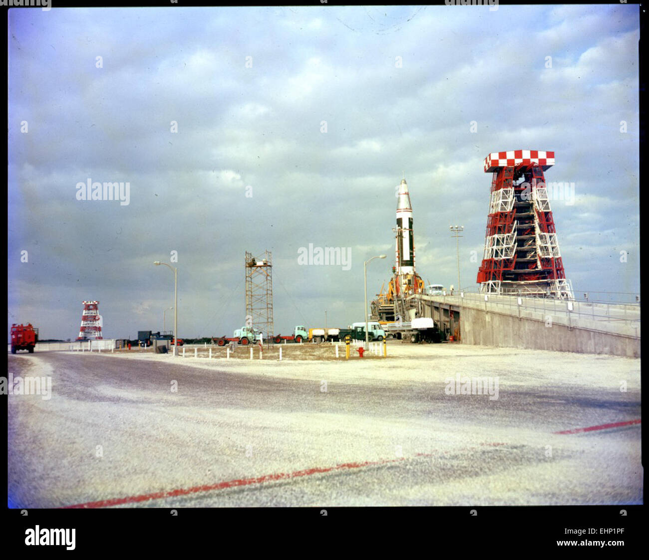 Photograph of the Atlas 10A rocket on the launch pad, with the tower ...