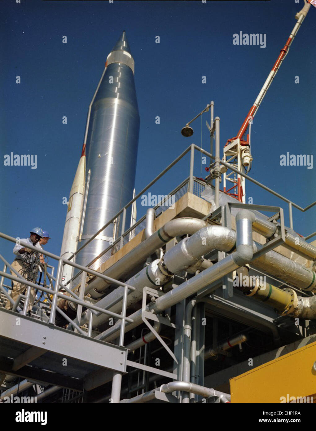 This image shows the Atlas 10B missile on its launch pad, with the ...