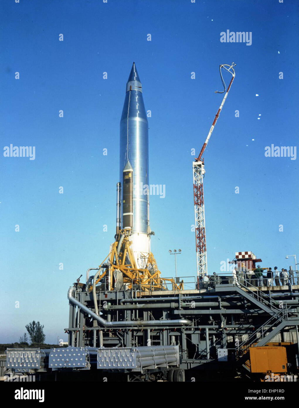 A photo of the Atlas 10B missile on the launch pad, with the tower away ...
