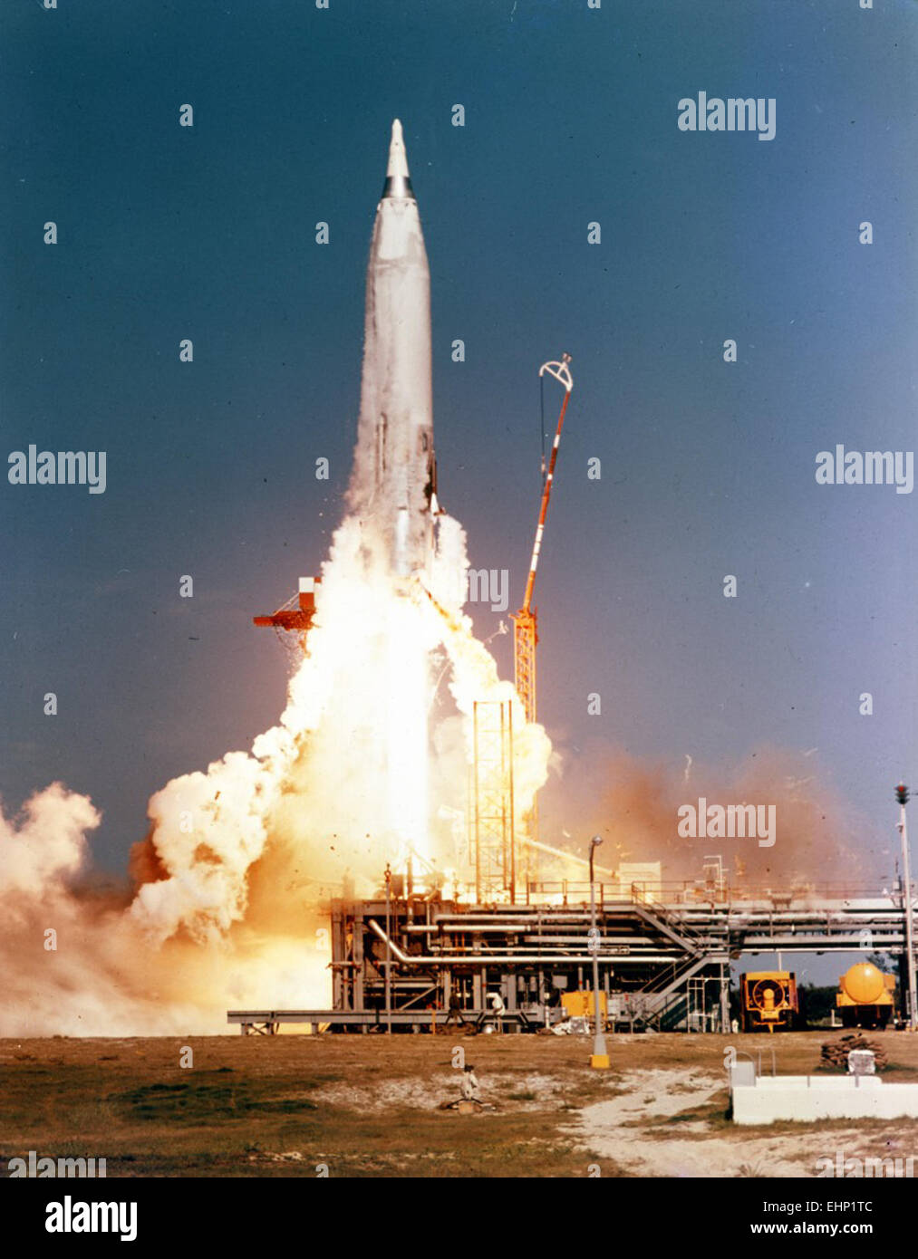 A photograph capturing the liftoff of the Atlas 21E rocket on July 31 ...
