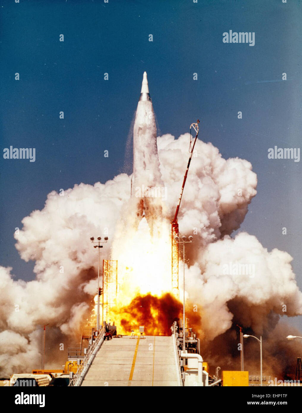 A photograph documenting the liftoff of the Atlas 25E missile on ...