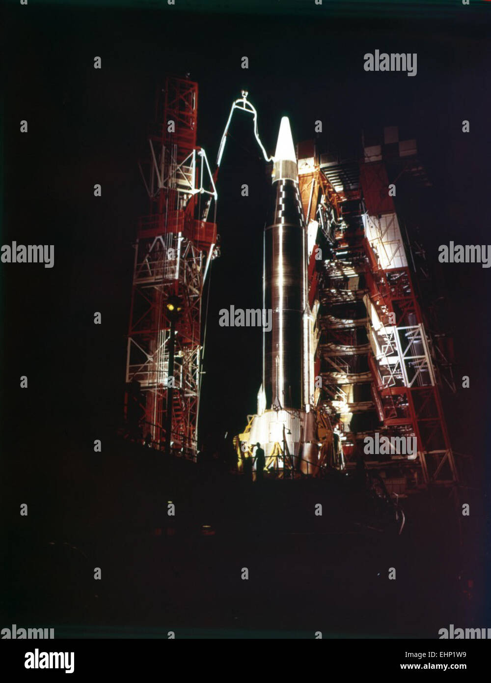 The Atlas 2D missile is shown during a test firing on April 16, 1959 ...