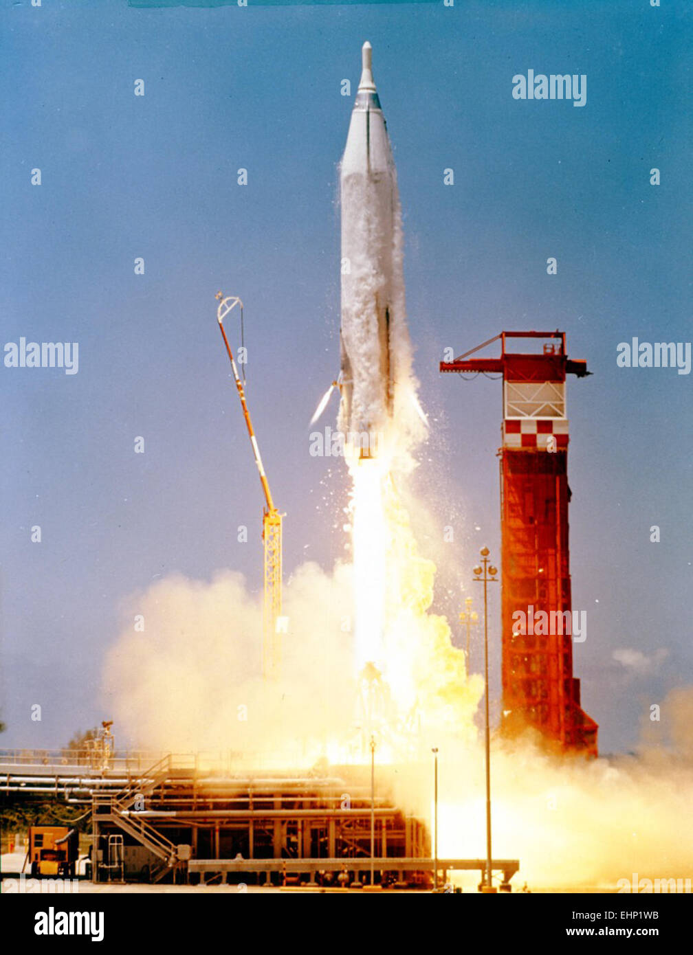 Photograph of the Atlas 32D rocket liftoff from Pad 12 on August 9 ...