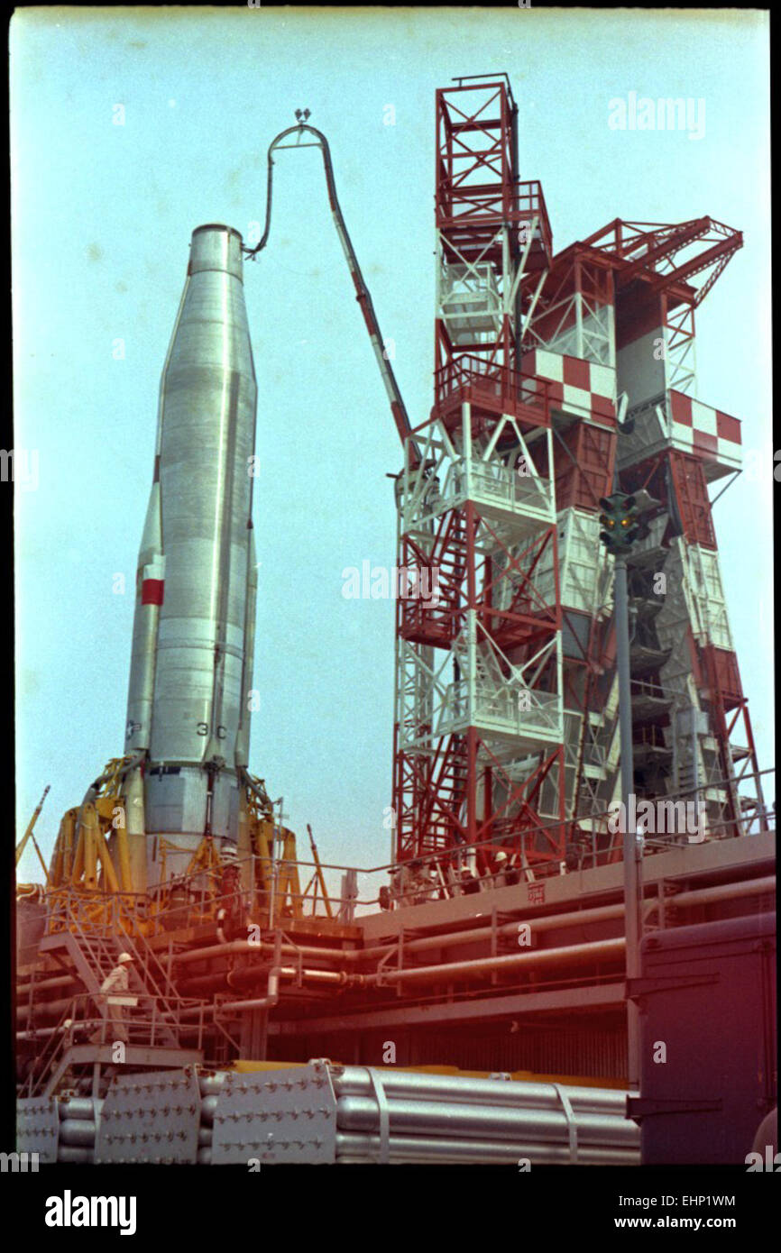 A photograph of an Atlas 3C rocket on its launch pad, moments before a ...