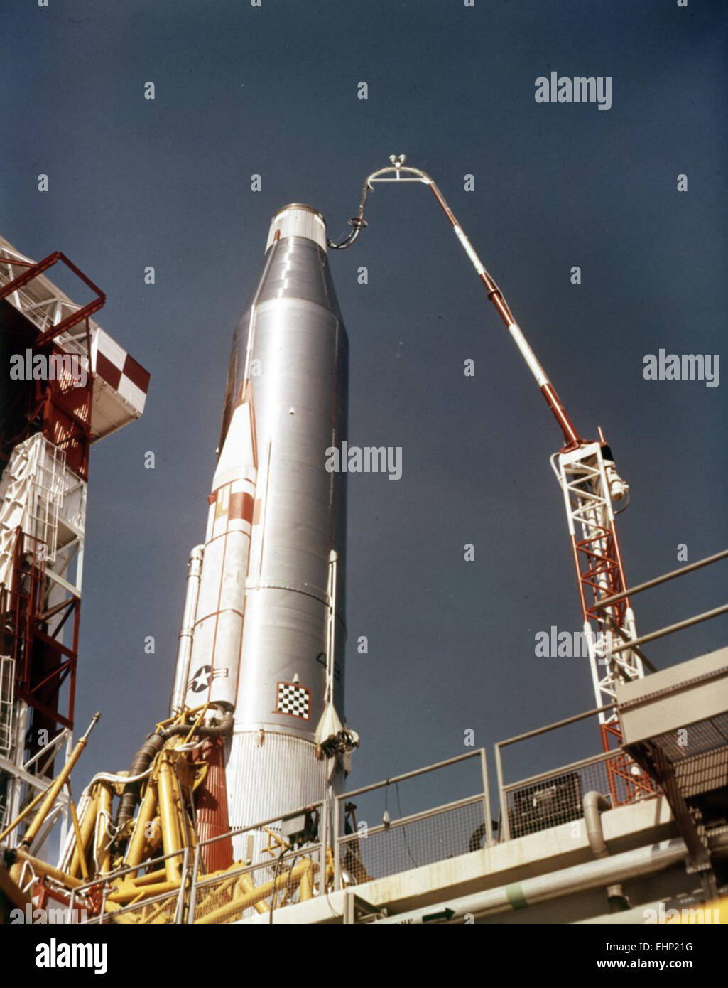 A photograph of the Atlas 4B rocket on its launch pad, captured before ...