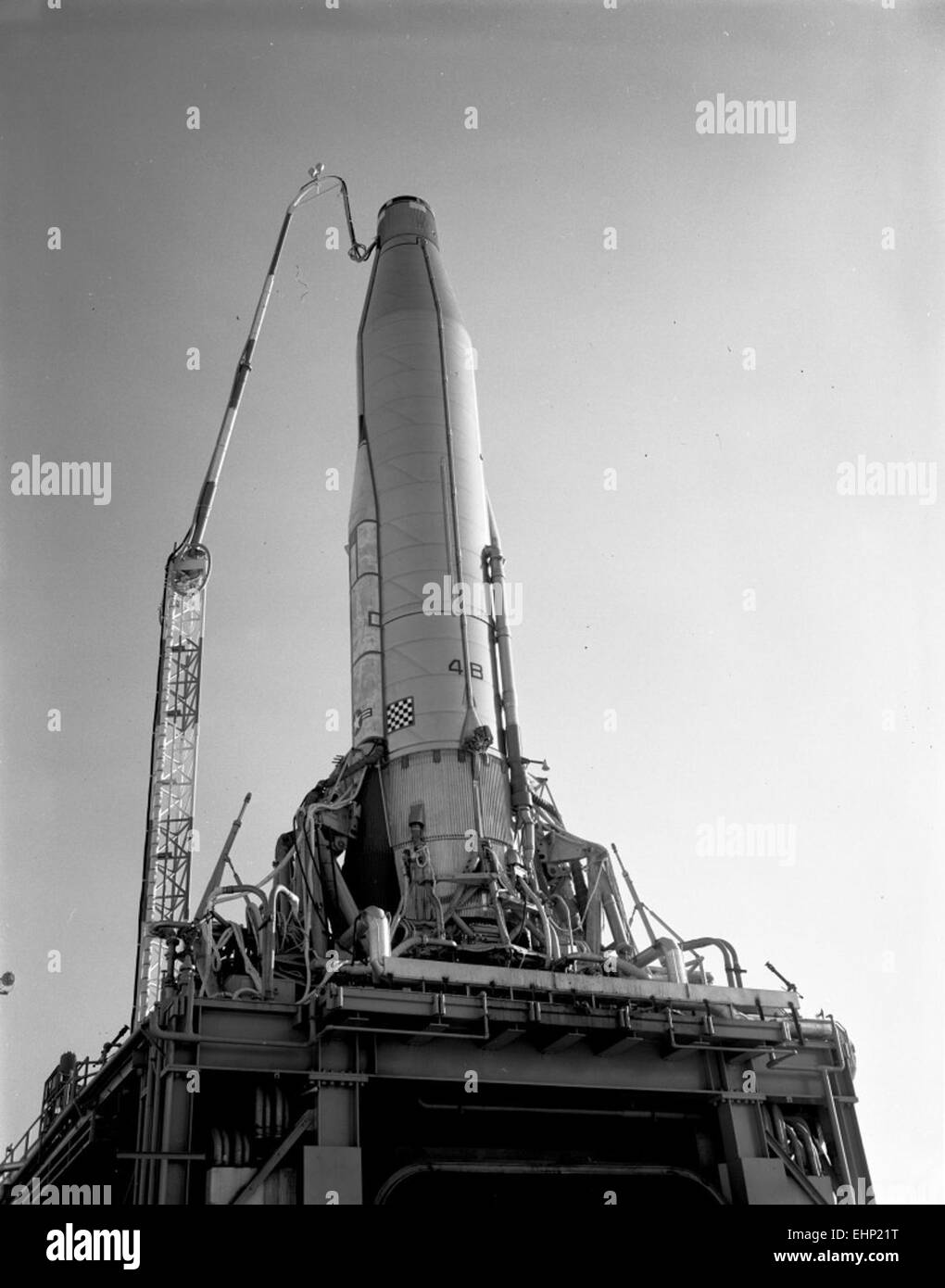 A photograph of the Atlas 4B rocket on the launch pad, with the tower ...