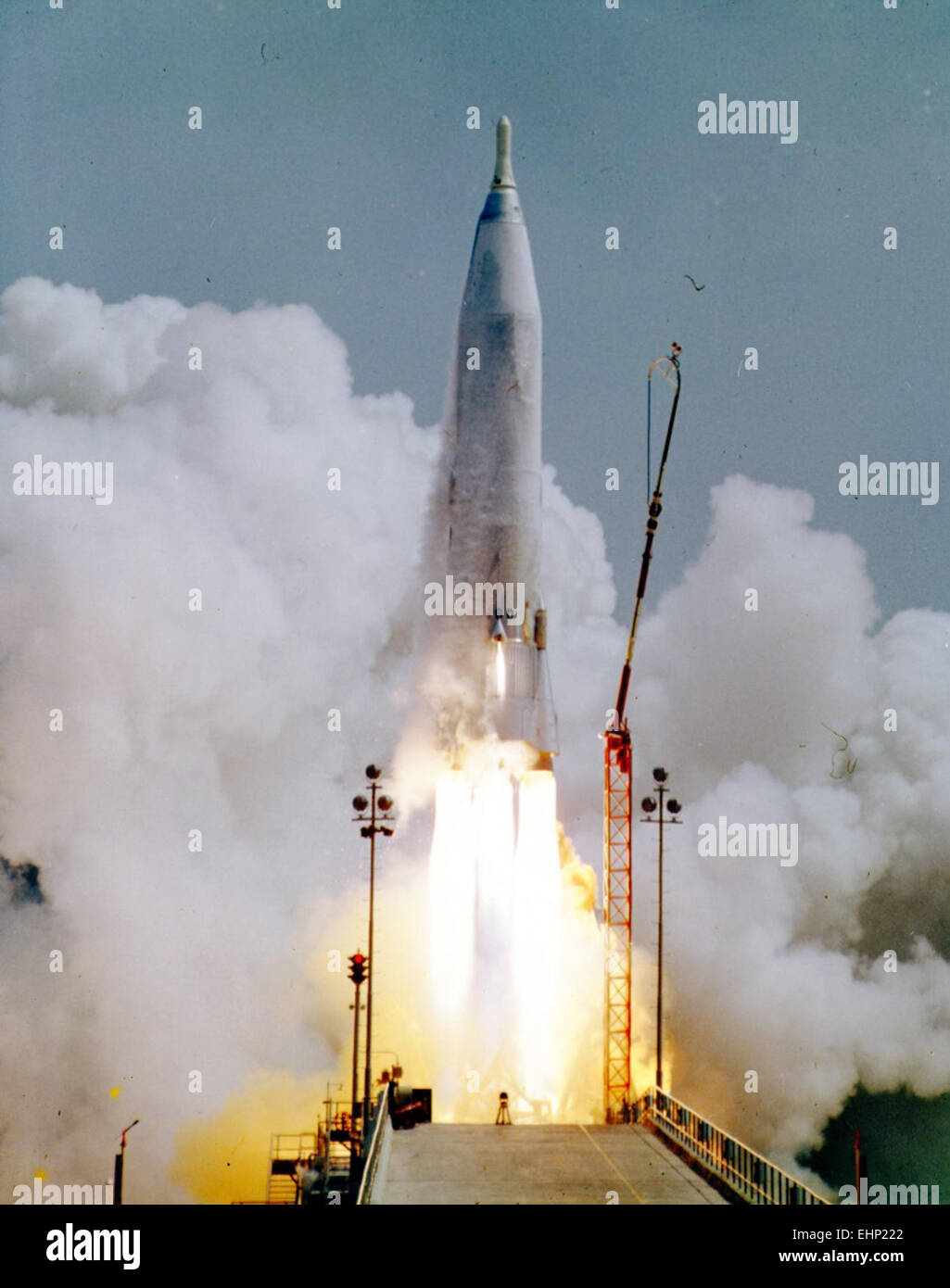 A photograph of the liftoff of the Atlas 56D rocket at the Atlantic ...