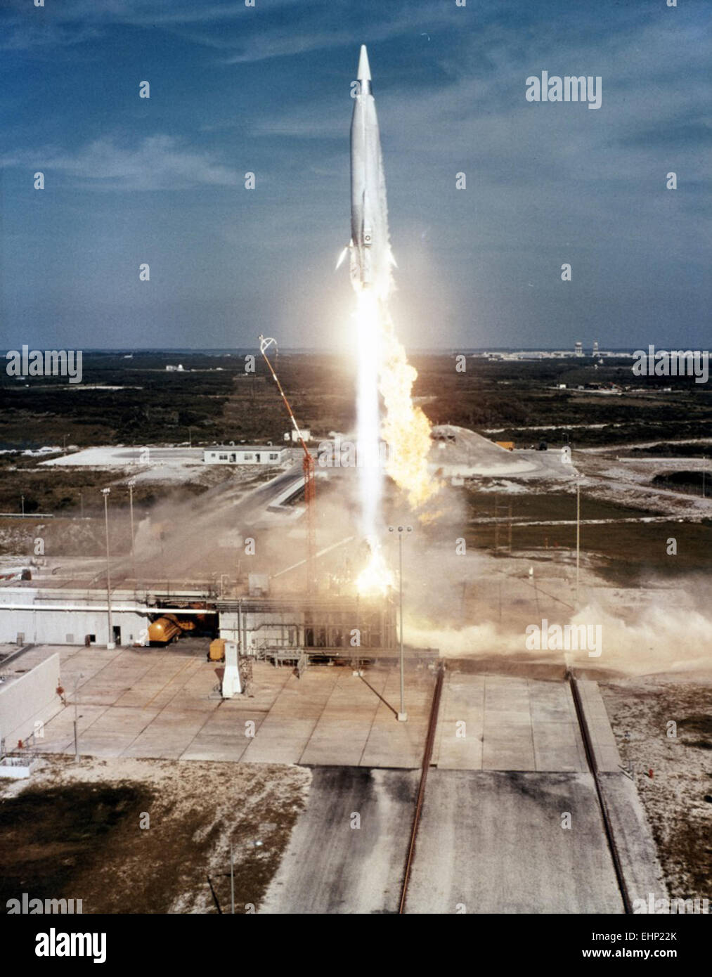 A historical image of the Atlas 66D rocket during liftoff, taken on ...