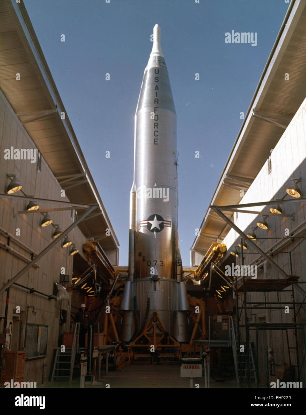 A photograph of the Atlas 68D missile on the launch pad, taken on ...