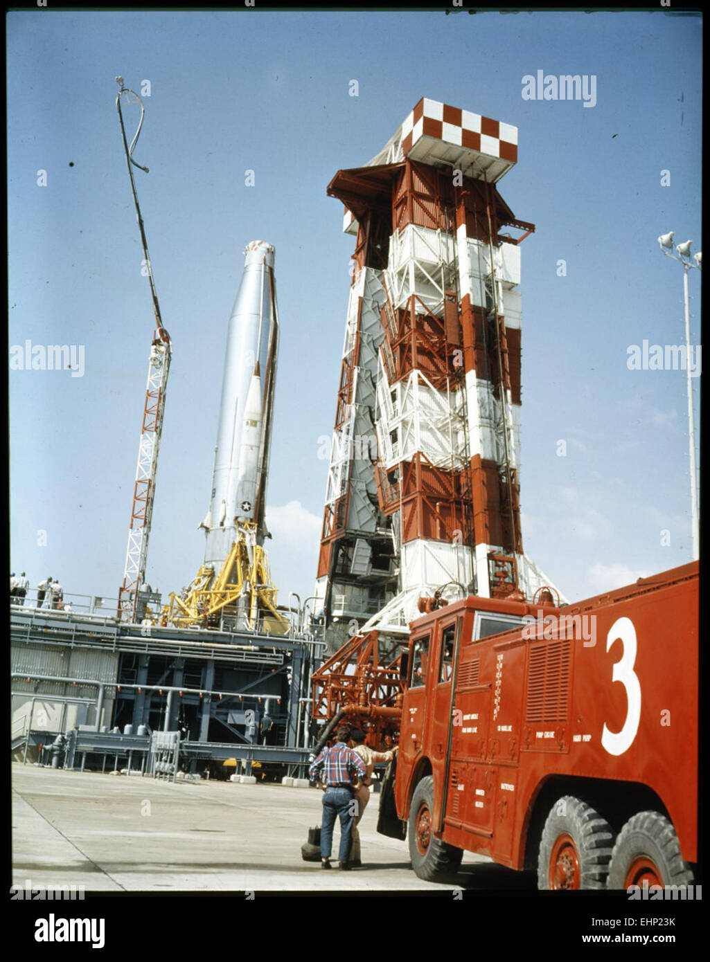 The Atlas 9B missile on the launch pad, ready for launch, showing key ...