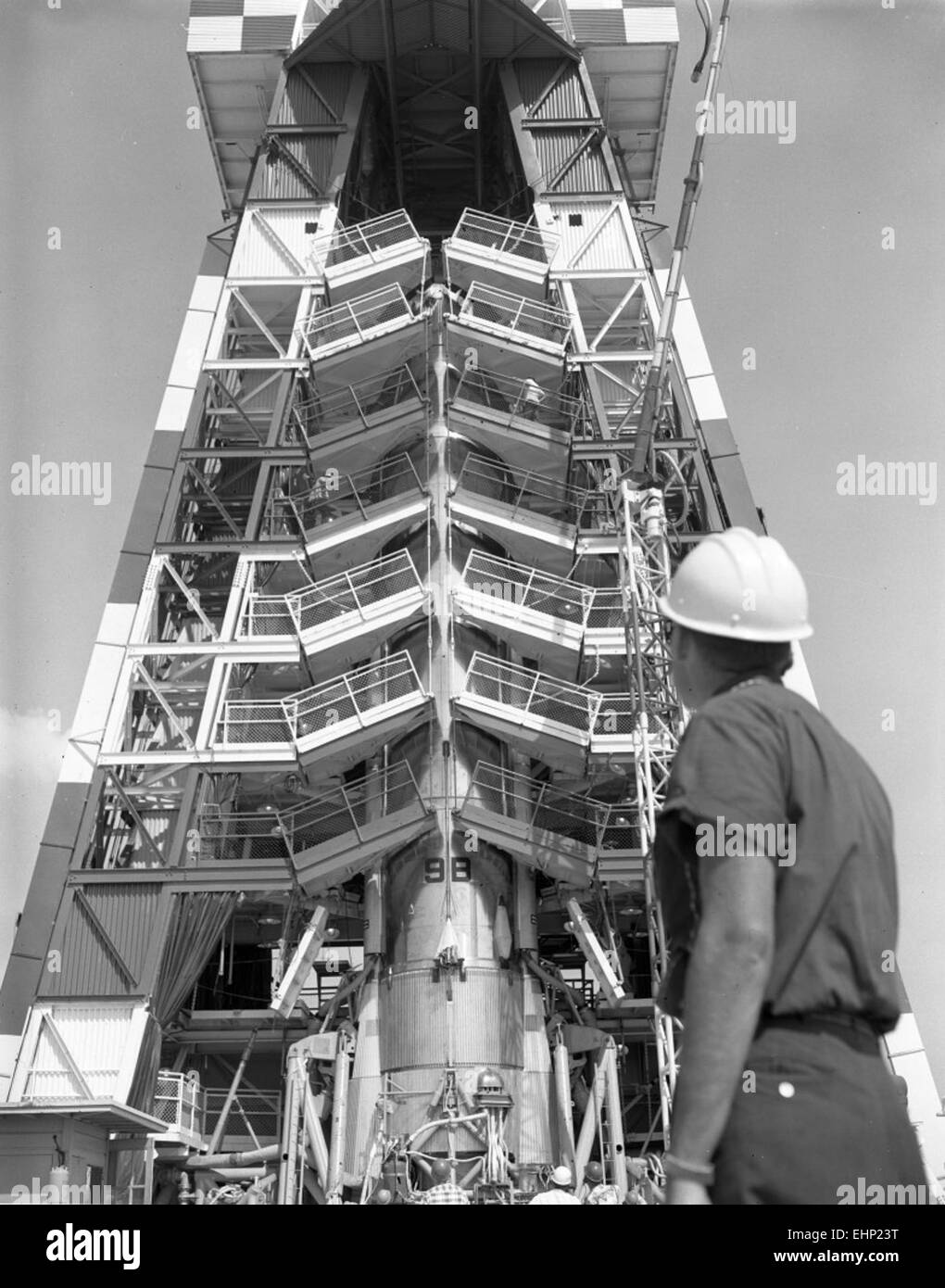 A photograph of the Atlas 9B rocket on the launch pad, with the tower ...
