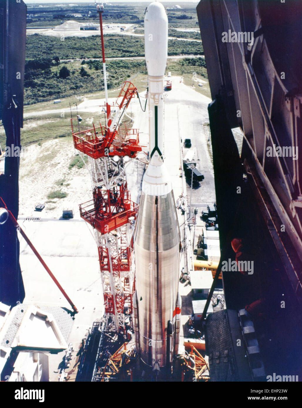 A photograph of the Atlas 9C rocket on the launch pad, captured on ...