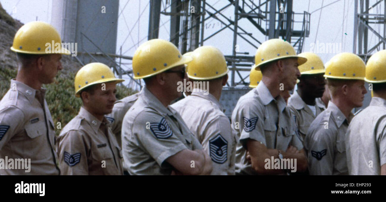 An Atlas missile is seen on its launch pad with the Tower Away box ...