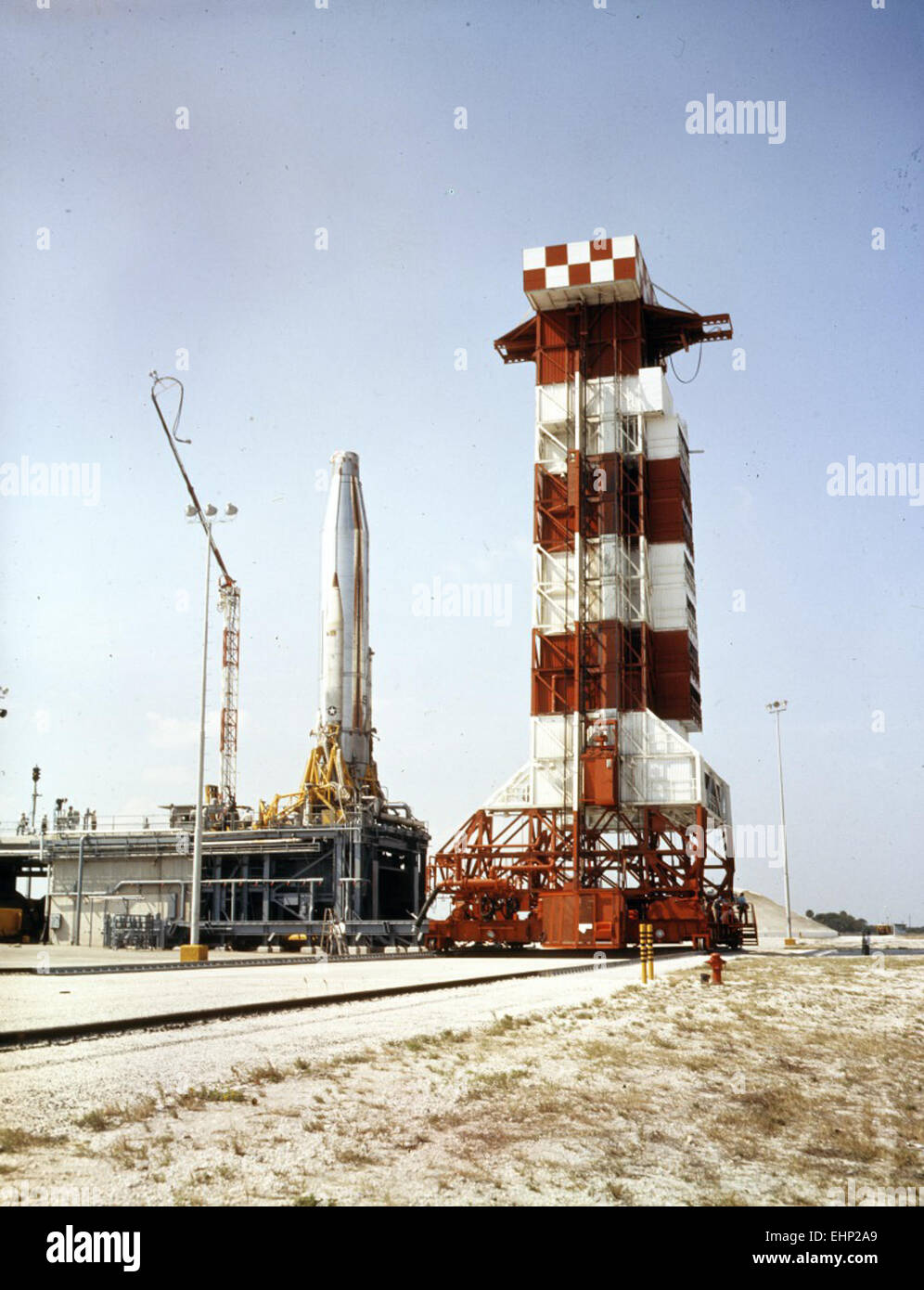 The Atlas rocket is shown here during preparations for launch, with the ...
