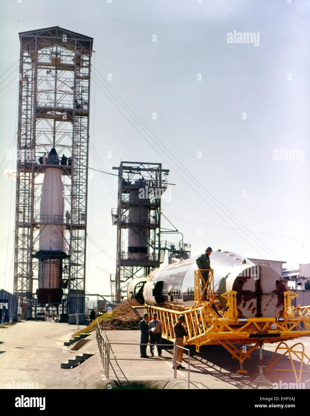 A photograph showing Atlas rocket testing, part of the Centaur assembly ...