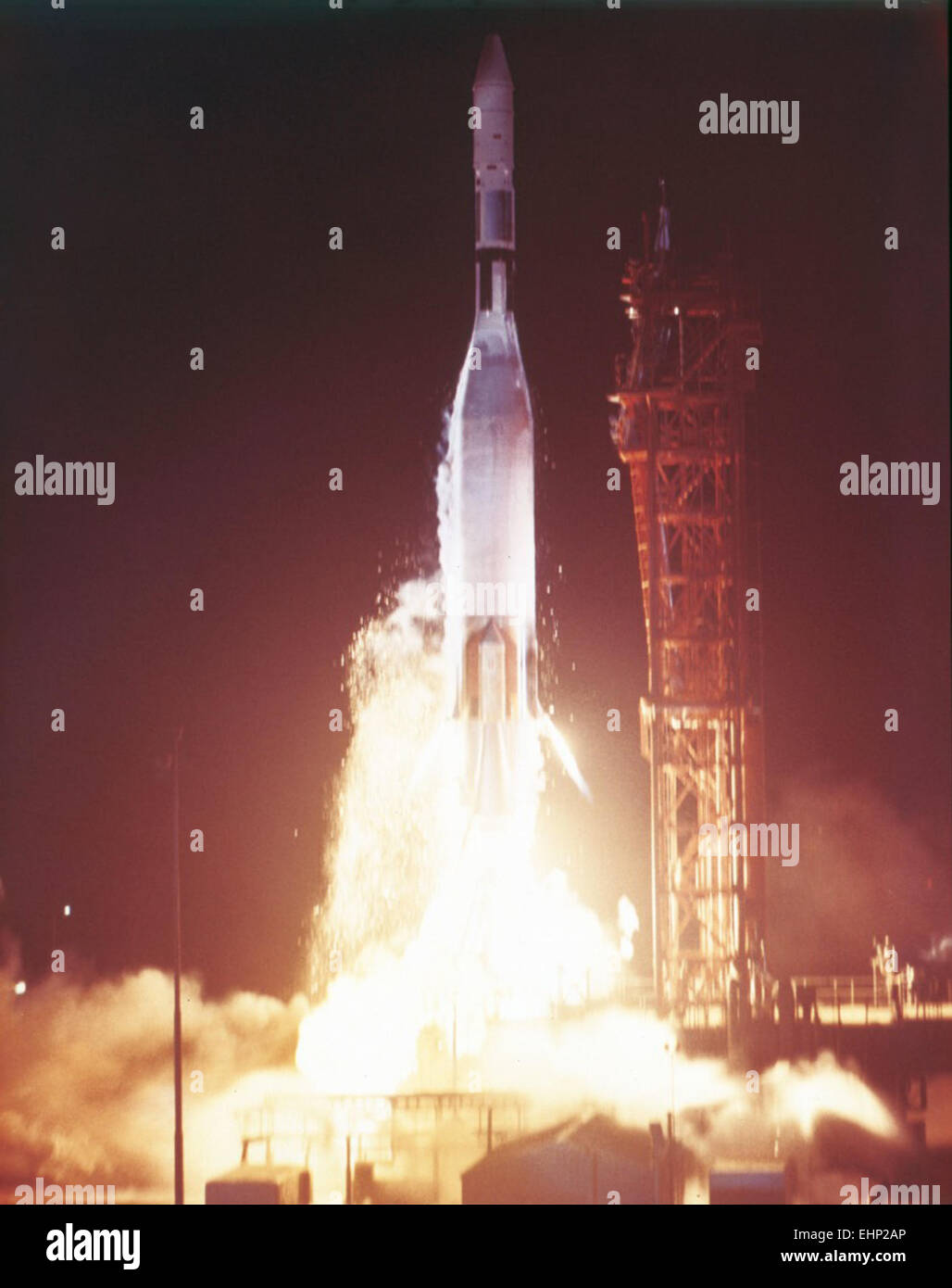 The Atlas-Agena rocket liftoff, part of the Ranger and Mariner programs ...