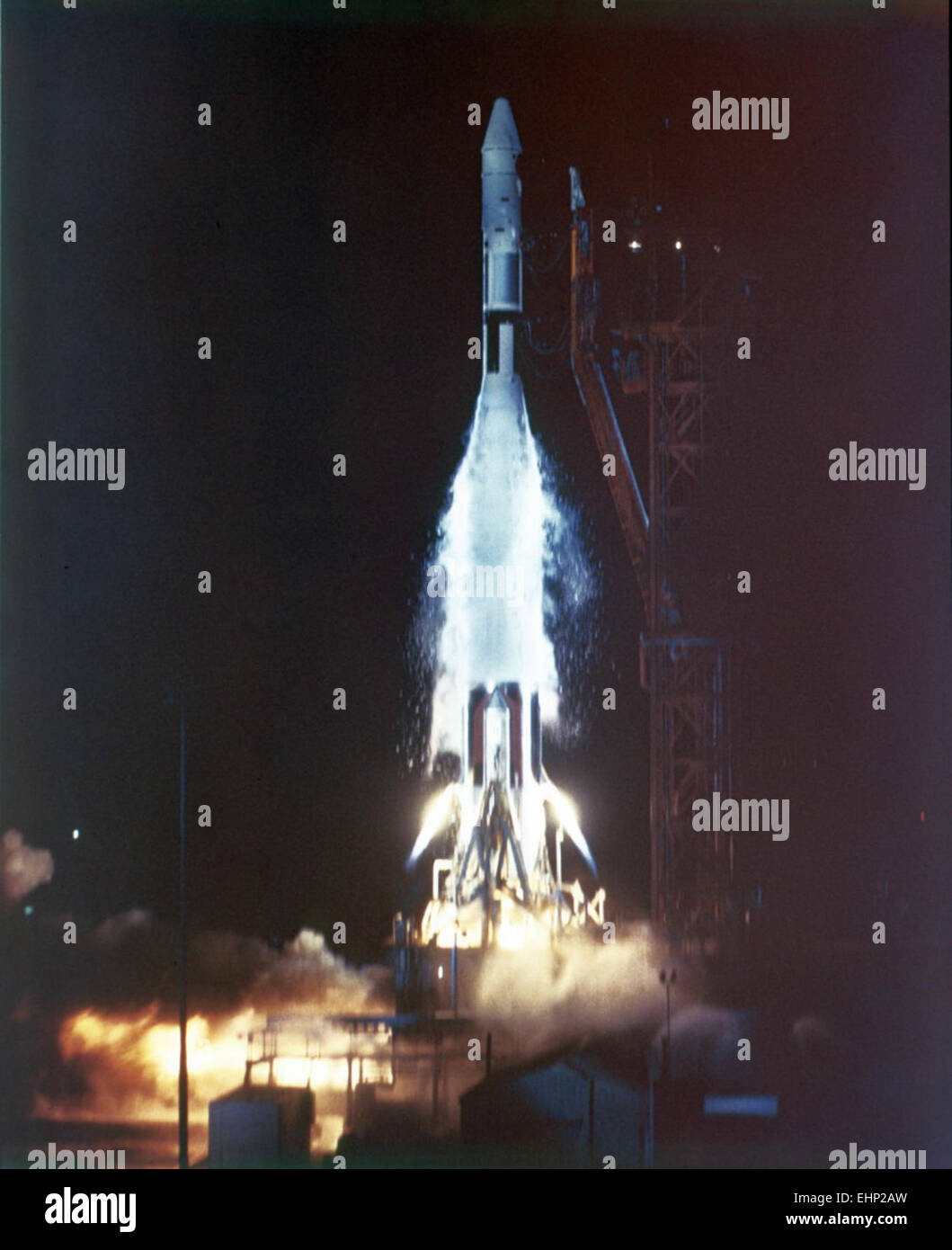 Photograph capturing the liftoff of an Atlas-Agena rocket carrying the ...