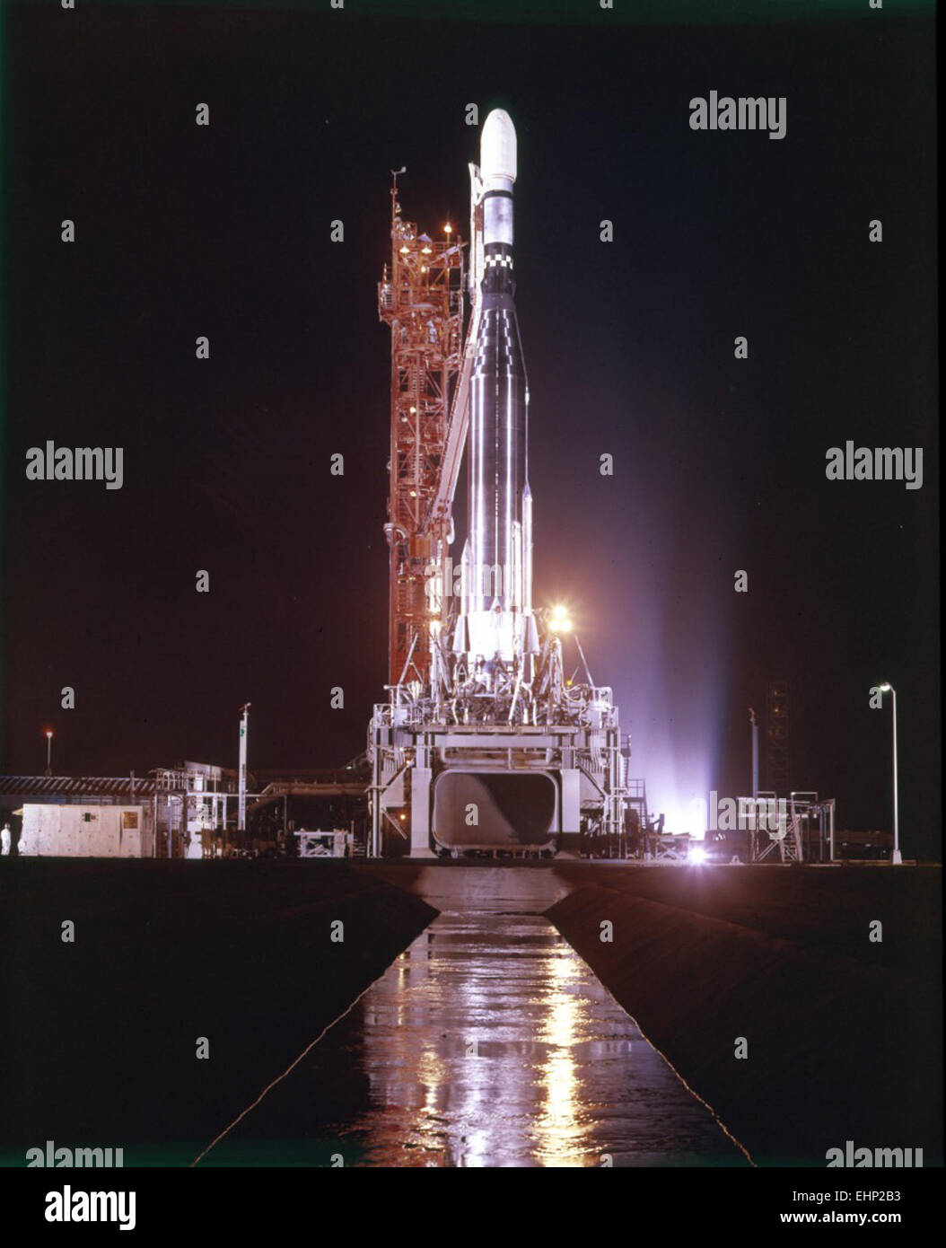 This image depicts an Atlas-Agena missile on its launch pad, captured ...