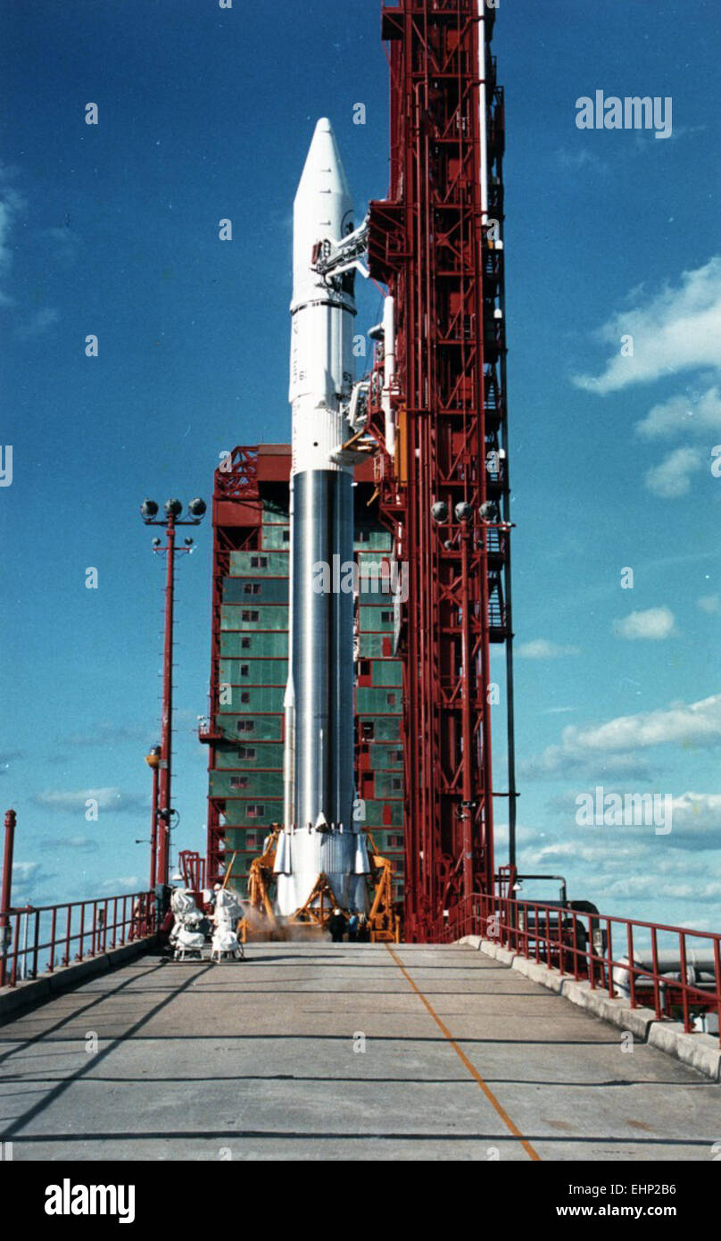 The Atlas-Centaur 63 rocket is shown on the launch pad, ready for a ...