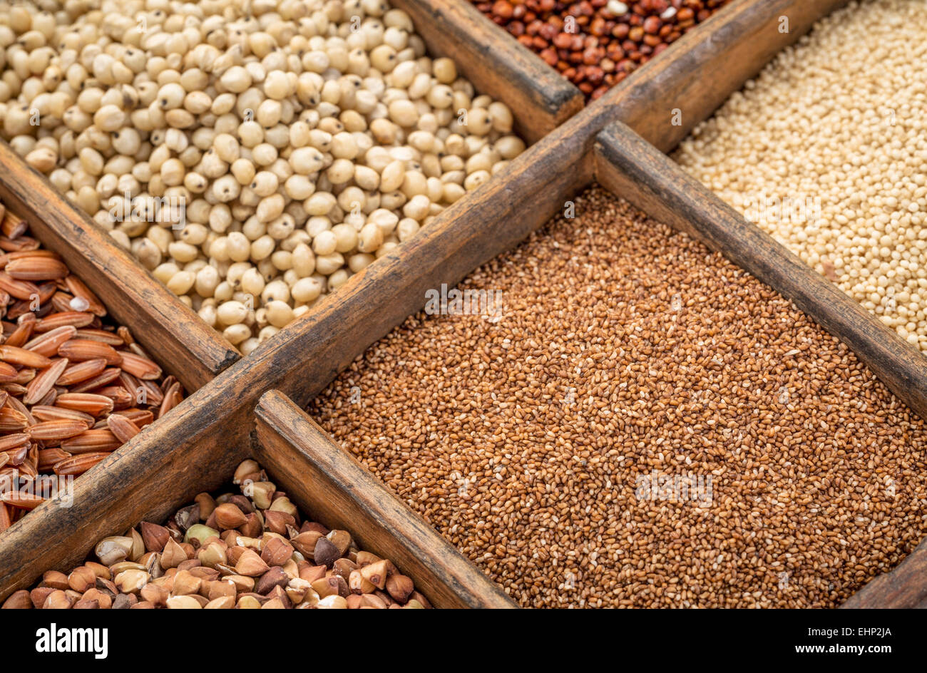 teff and other gluten free grains in a wooden rustic box Stock Photo ...