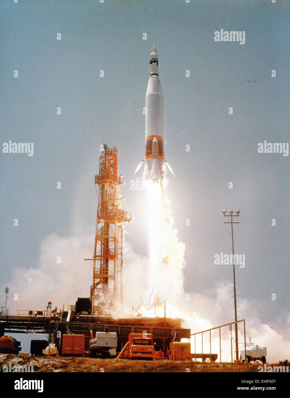 A photograph of the liftoff of Atlas 45D, a missile launch vehicle ...