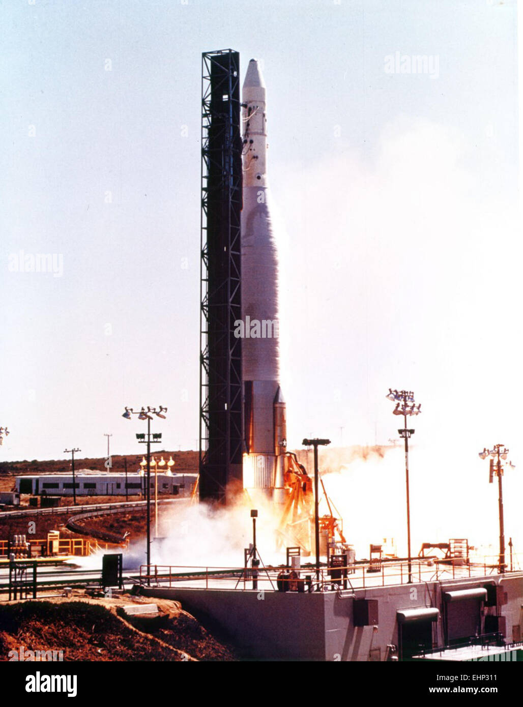 Photograph of the Atlas 57D missile system lifting off on August 23 ...
