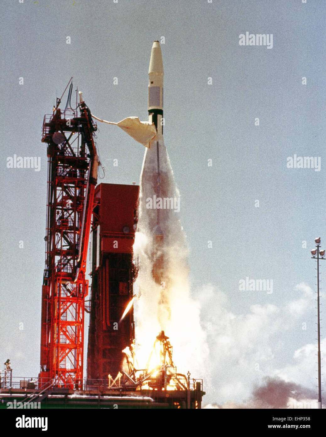 Photograph of the liftoff of the Ranger 7 spacecraft, a NASA mission to ...