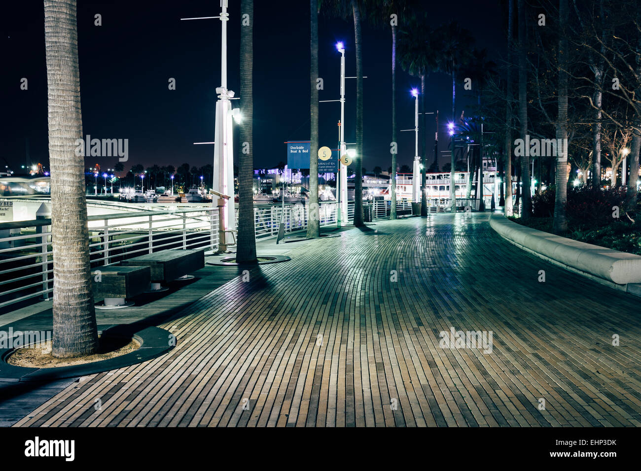 Walkway along the waterfront at night, in Long Beach, California Stock ...
