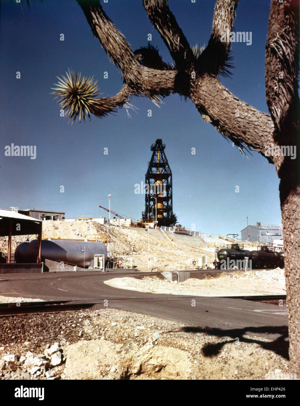 A photograph showing a missile test stand setup, labeled as 'Missiles ...