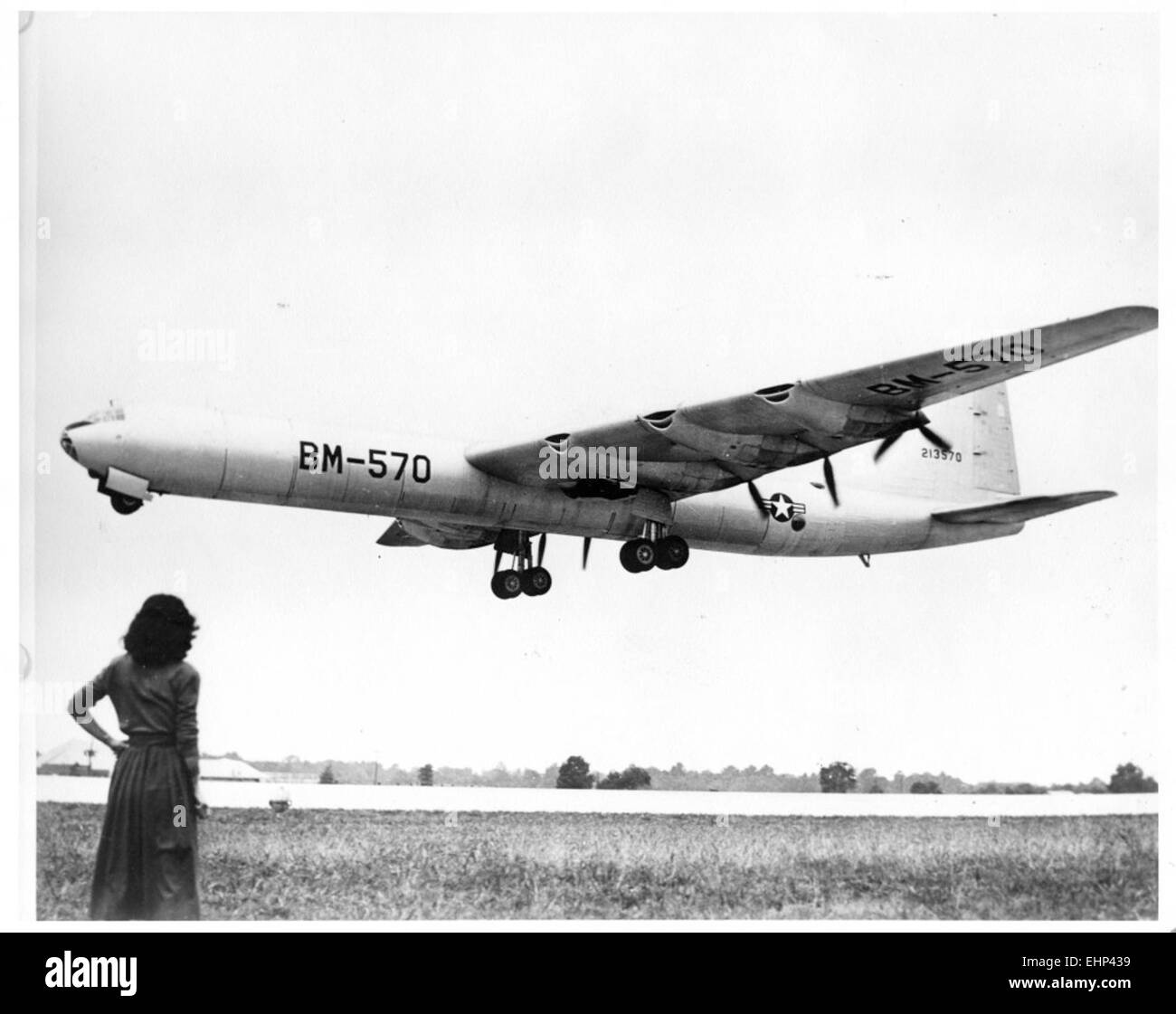 A photograph of the XB-36, a prototype American strategic bomber, with ...