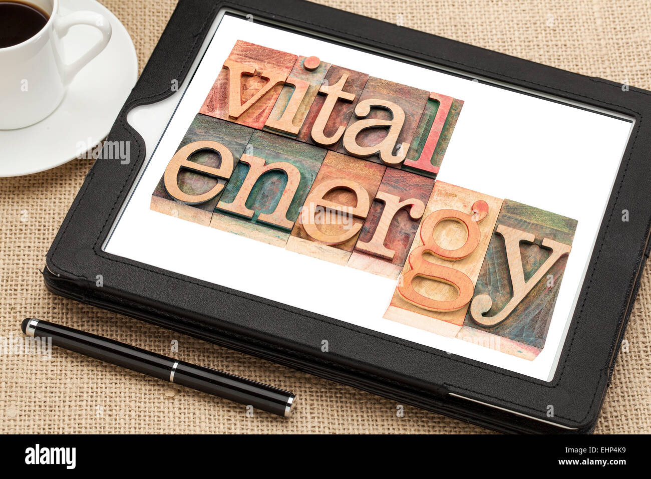 vital energy typography - text in letterpress wood type blocks on a ...