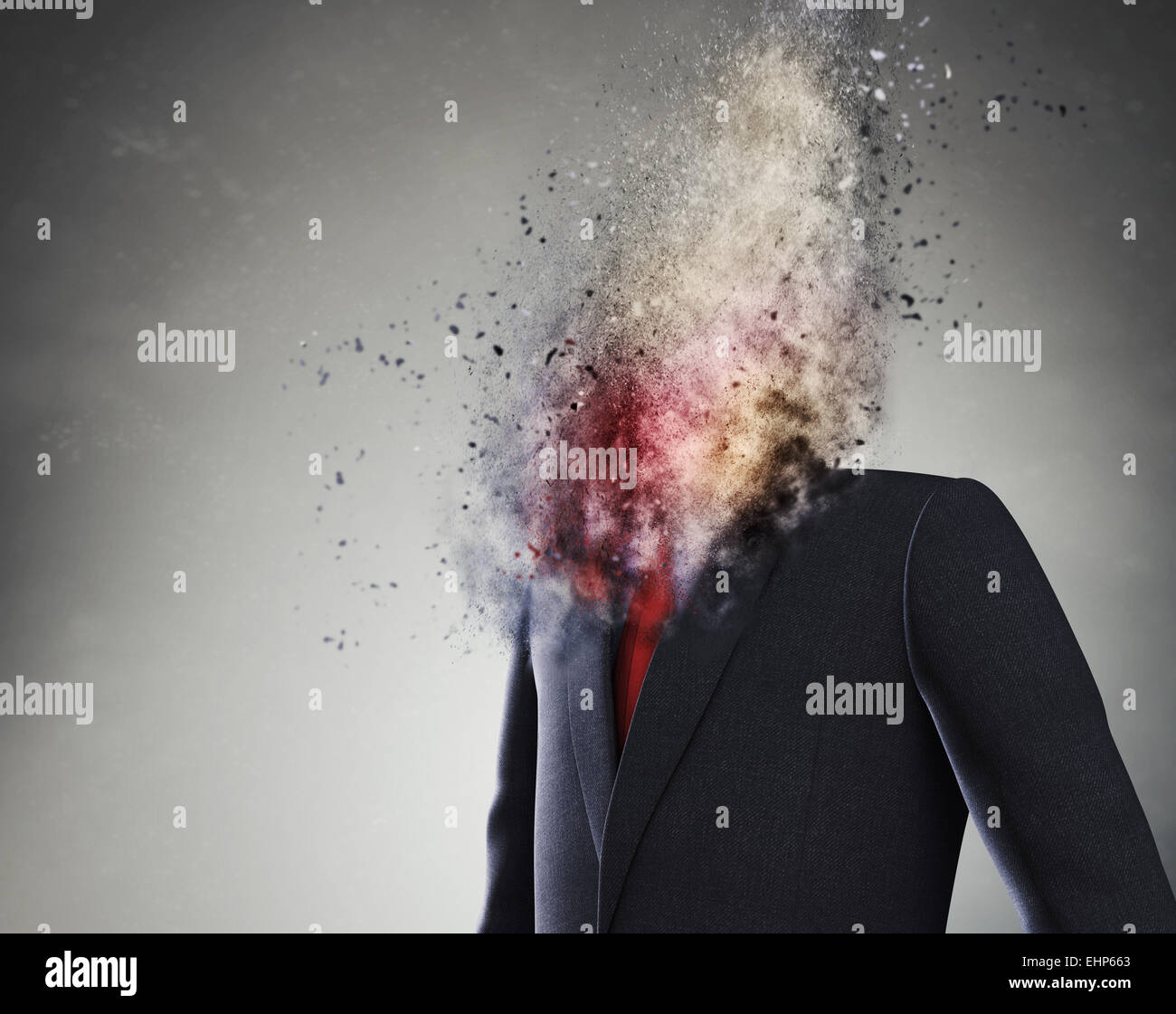 Overworked businessman standing headless with explosion instead of his ...