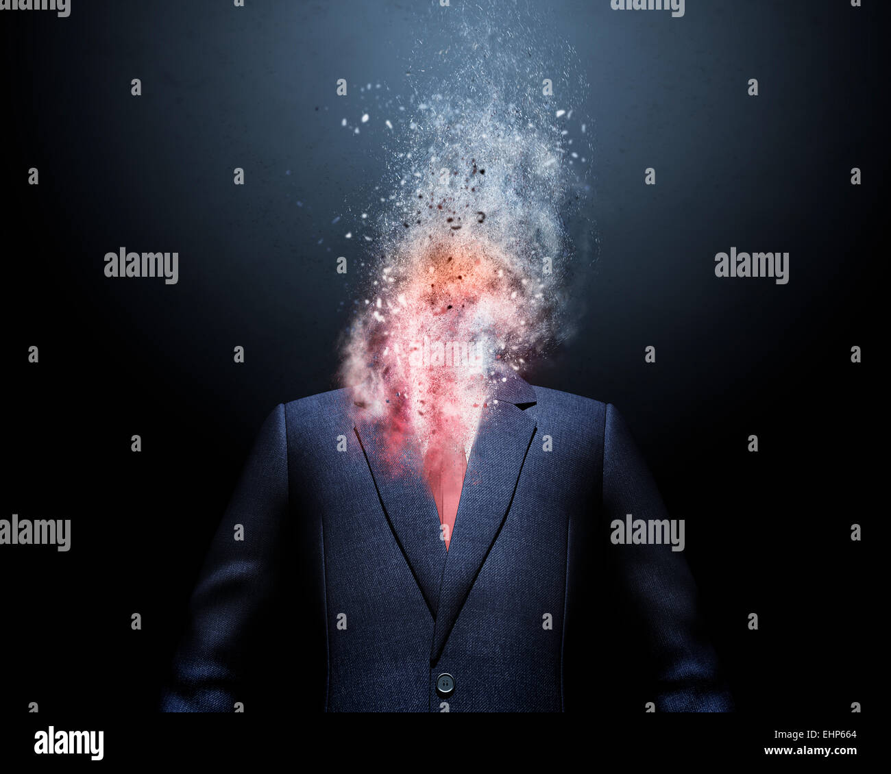 Overworked businessman standing headless with explosion instead of his ...
