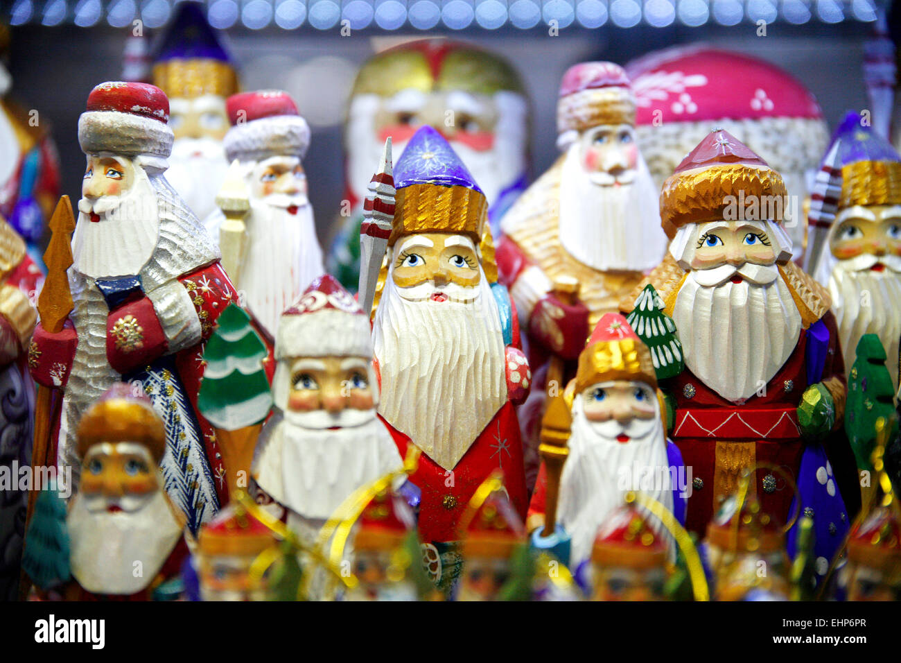 Army of Wooden Santa Puppets. Group of Santa Clauses at Christmas Fair ...