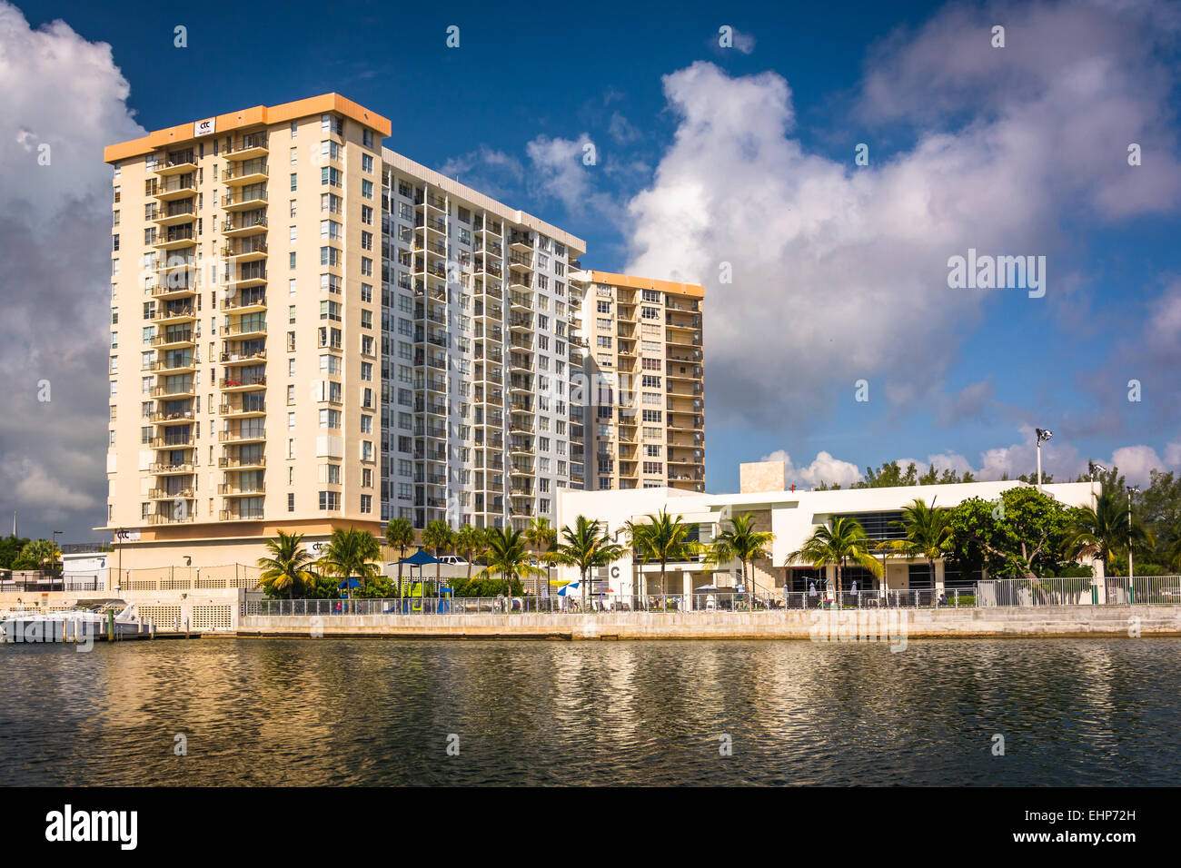 Building along the Collins Canal, in Miami Beach, Florida Stock Photo ...