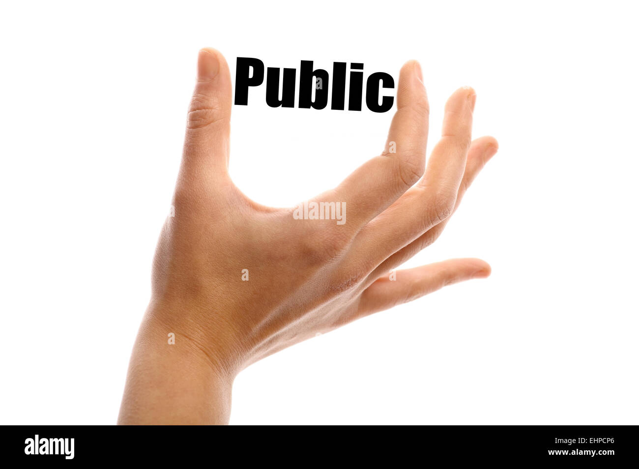 Horizontal shot of a hand holding the word "Public" between two fingers ...