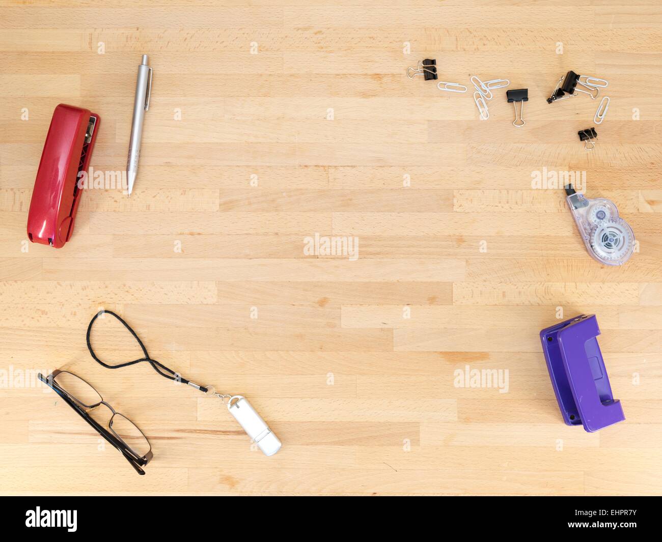 Stationery and work objects on a wooden office desk Stock Photo - Alamy