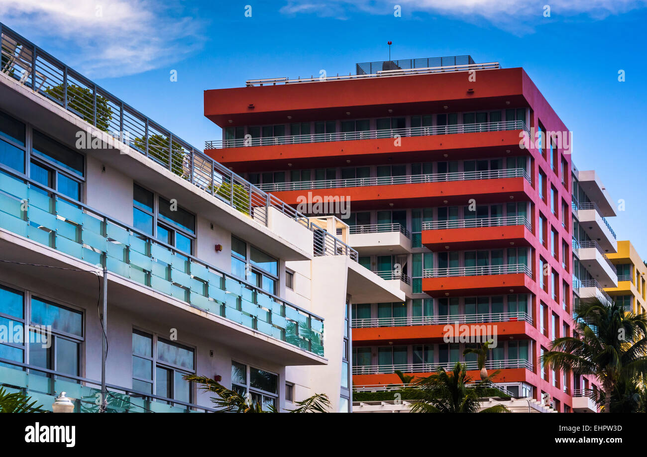 Palm trees and colorful buildings in Miami Beach, Florida Stock Photo ...