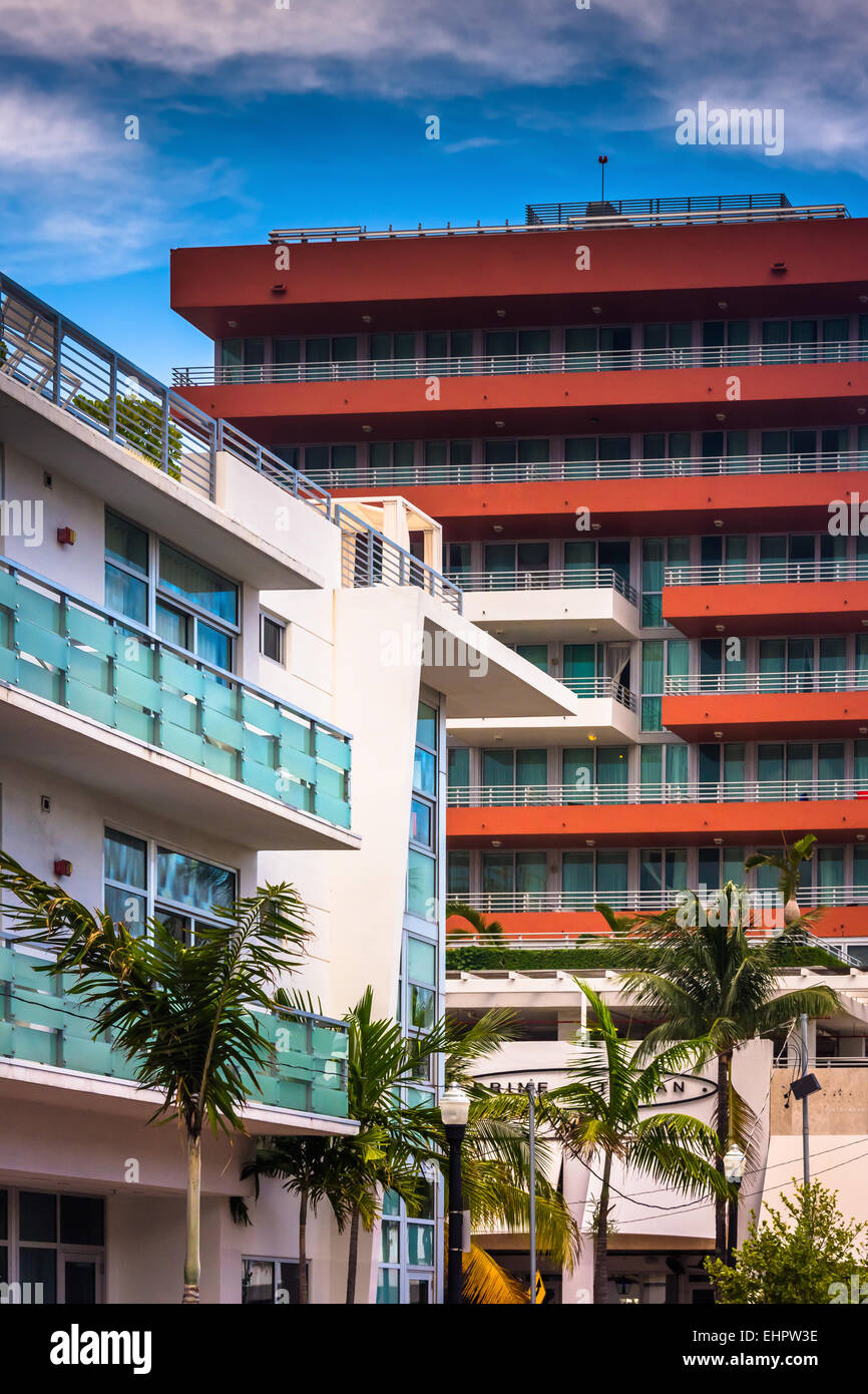 Palm trees and colorful buildings in Miami Beach, Florida Stock Photo ...