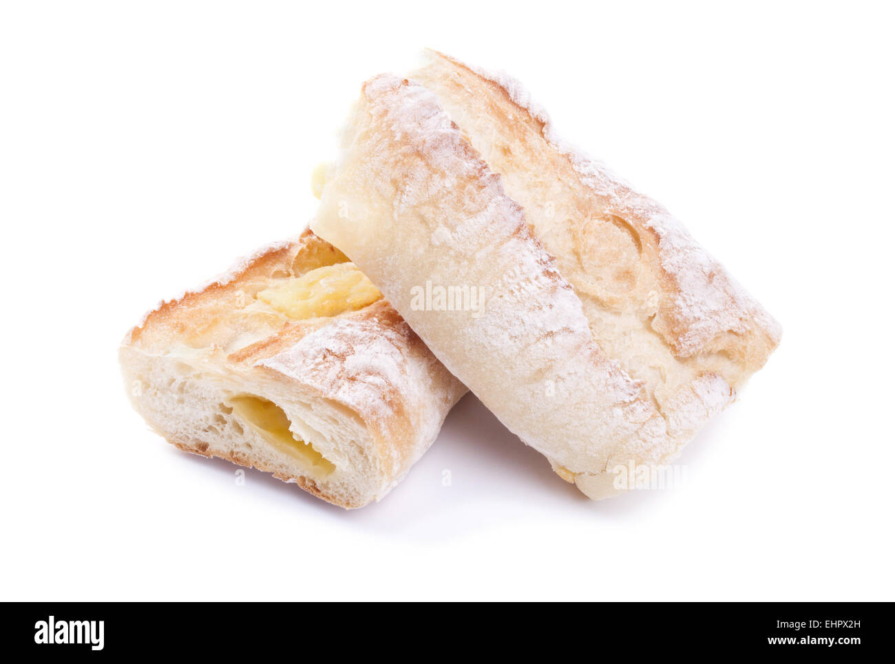 Fresh whole cheese bread cut in half Stock Photo - Alamy
