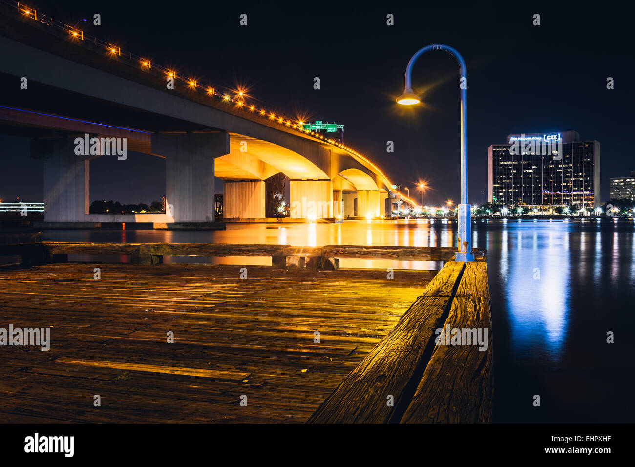 Pier and the Acosta Bridge over the St. John's River at night, in ...